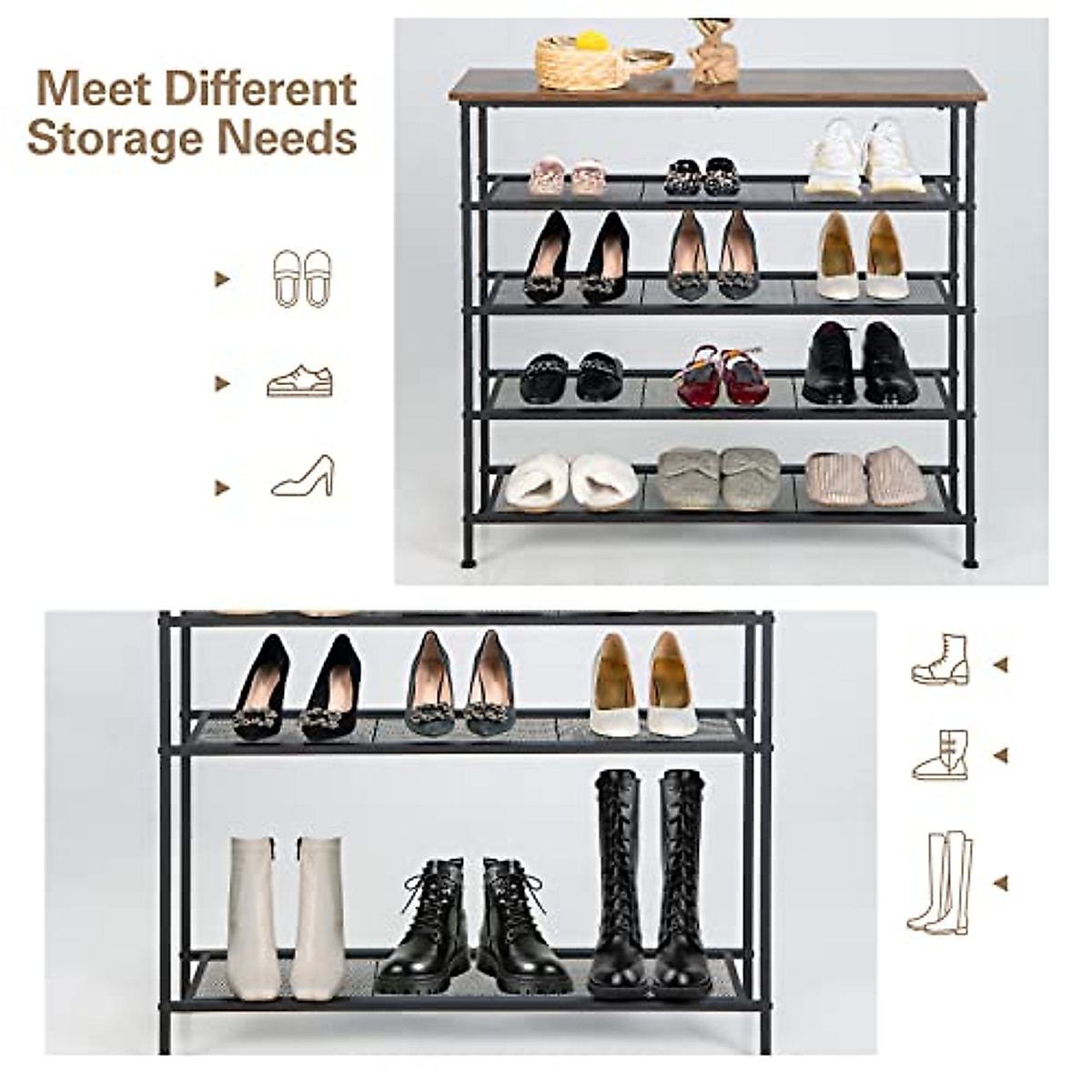 COSTWAY Shoe Rack, 5-Tier Free Standing Shoe Storage Organizer with Wooden Top, 4 Metal Mesh Shelves for 16-20 Pairs Shoes, Adjustable Protecting Feet for Entryway, Hallway, Rustic Brown and Black
