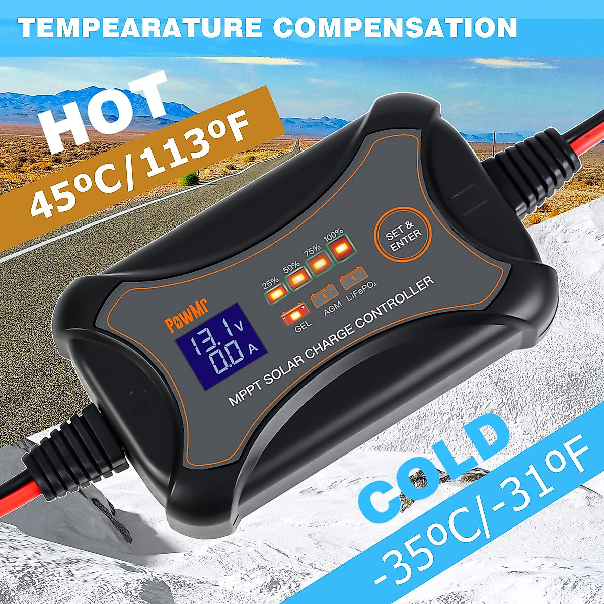 10A MPPT Solar Charge Controller 12V, PowMr 10 Amp 12 Volt Solar Panel Regulator with Digital LCD Display, Solar Intelligent Controller for 12V Lead-Acid, LiFePO4, Lithium Batteries