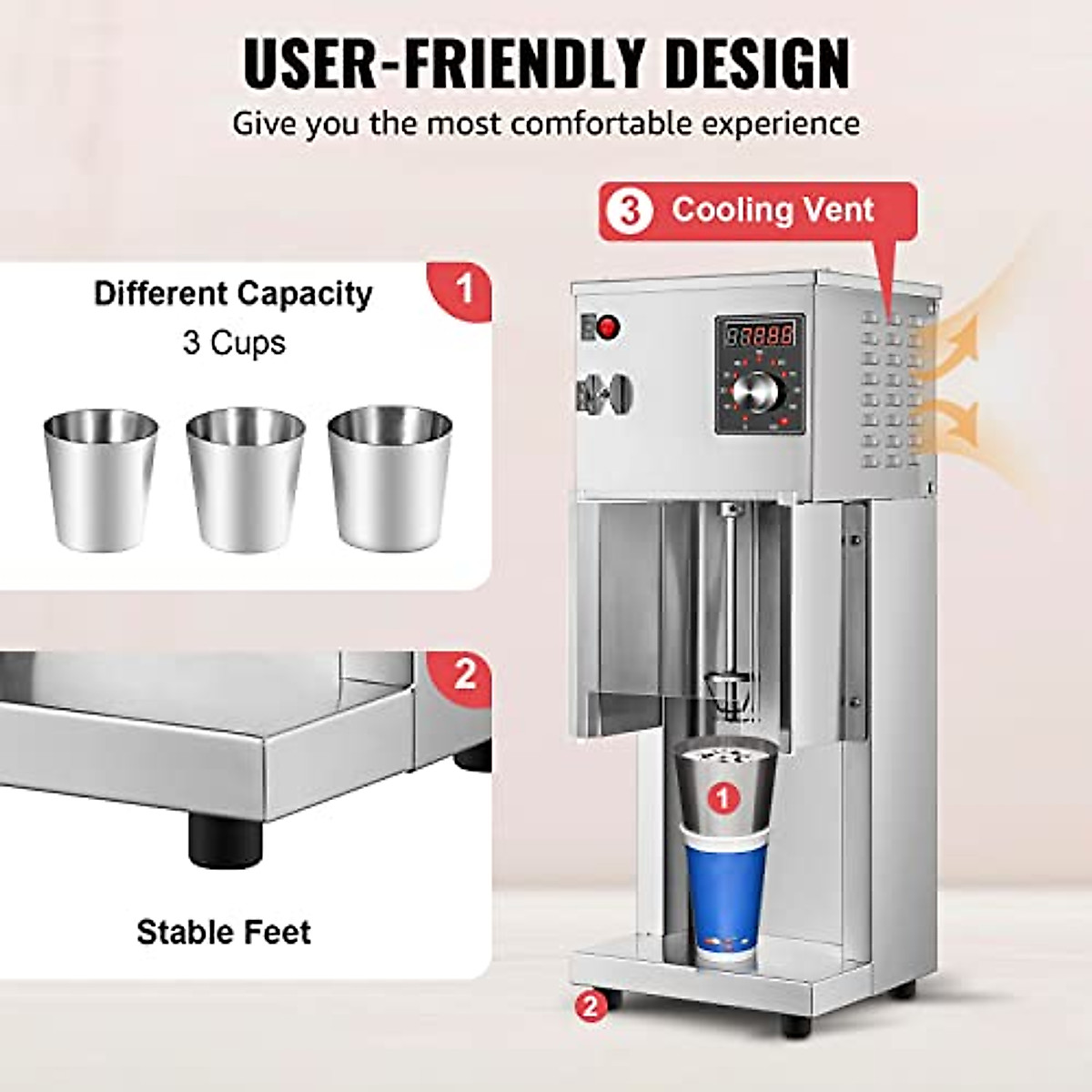 VEVOR 800W Electric Ice Cream Mixer Machine, 110V Ice Cream Blender, 10-Speed Levels Adjustable, Soft Serve Ice Cream Machine w/Splash-Proof Bezel, Commercial Ice Cream Make, Includes 3 Hand Cups