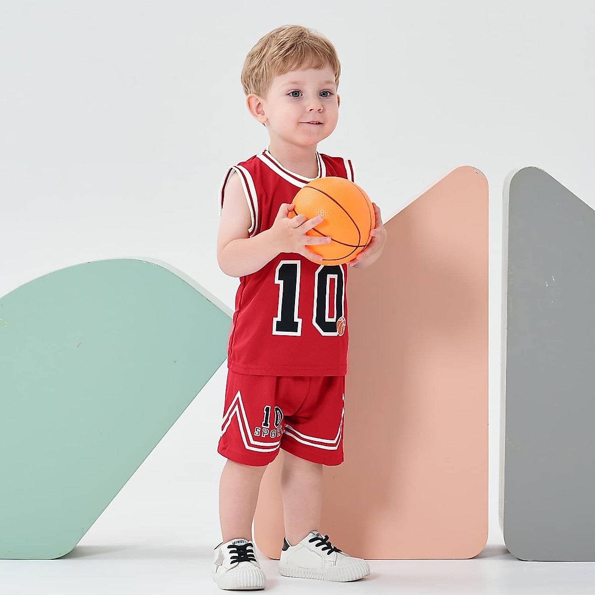 Volunboy Kids Sports Shorts Sets Boys Jerseys Tracksuit 2 Piece Basketball Performance Tank Top and Mesh Shorts Set (Red, 1-2T)