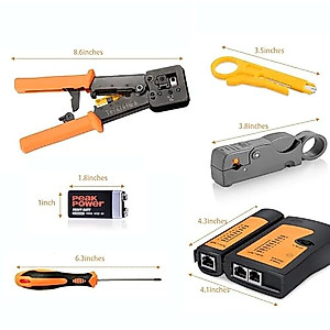 RJ45 Crimp Tool Kit Pass through Ethernet Crimper kit for Cat5 Cat5e Cat6,RJ45 Crimping Tool with 50PCS Connectors, 50PCS Covers,1 Wire Punch Down Cutter and 1 Network Cable Test(9V Battery Included)