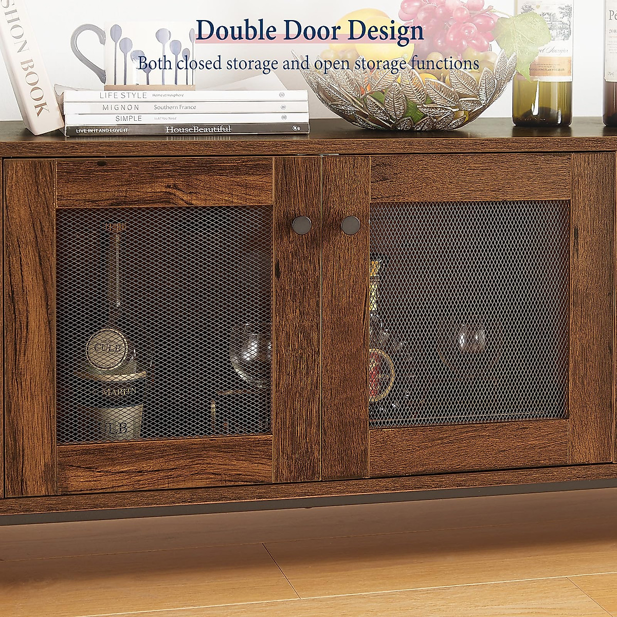 Tatub 54.3'' Wine Bar Cabinet for Liquor, Coffee Bar Cabinet Buffet Sideboard with Storage Compartment for Kitchen, Dining Room, Farmhouse(Hazelnut Brown)