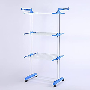 mumisuto Clothes Drying Rack, 3 Tier Folding Clothes Rail Movable Rolling Laundry Dryer with Hanging Rods Heavy Duty Cloth Drying Stand for Drying Clothes Towels Bed Linen(Blue)