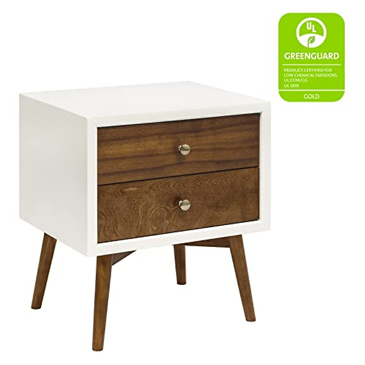 Babyletto Palma 2-Drawer Nightstand with USB Charging Port, Mid-Century, Warm White/Walnut