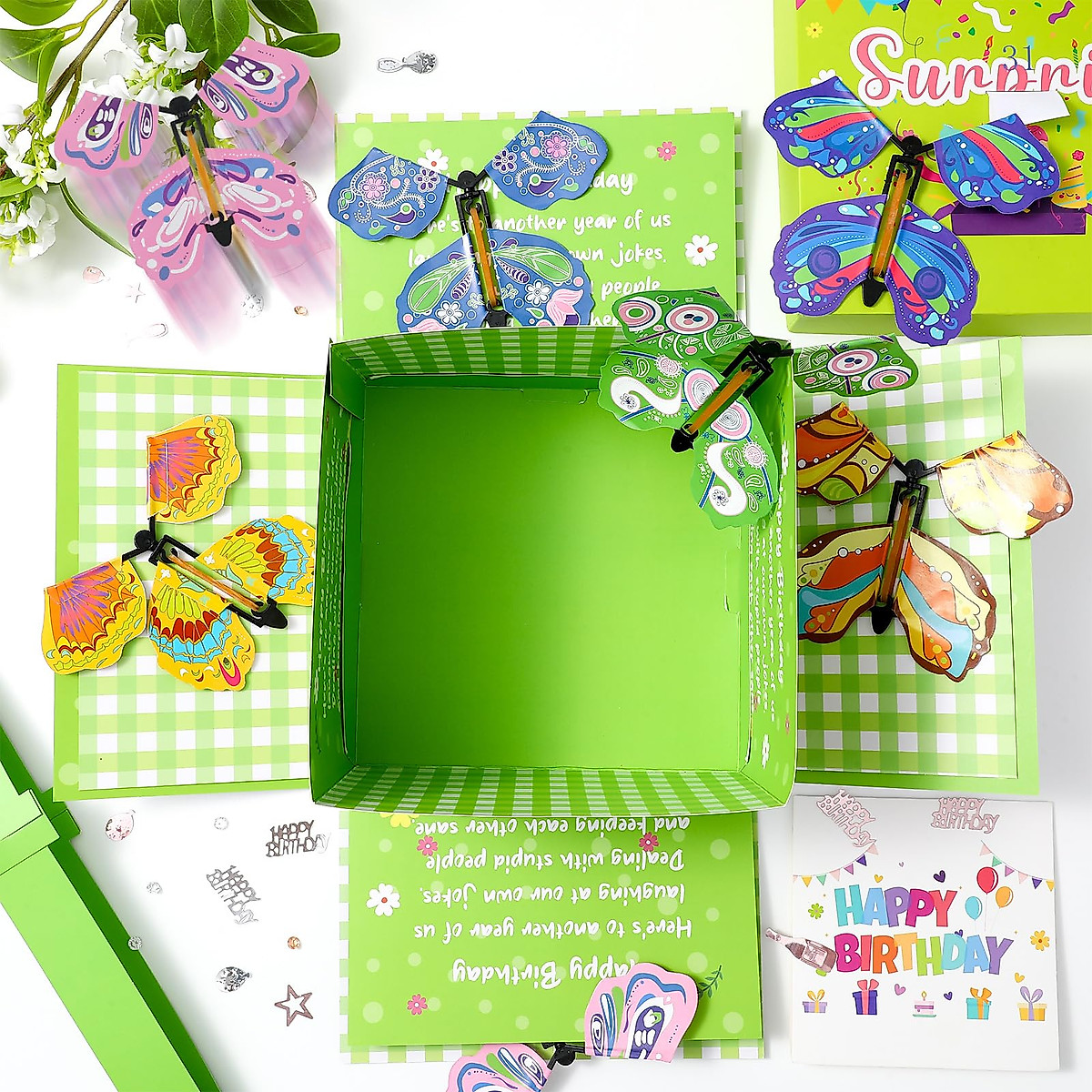 XLSXEXCL Birthday Explosion Gift Box, Birthday Flying Butterfly Surprise Gift Box, DIY Exploding Surprise Birthday Gift for Birthdays, Wedding, Mother's Day, Anniversaries, 7.9x7.9x5.1in