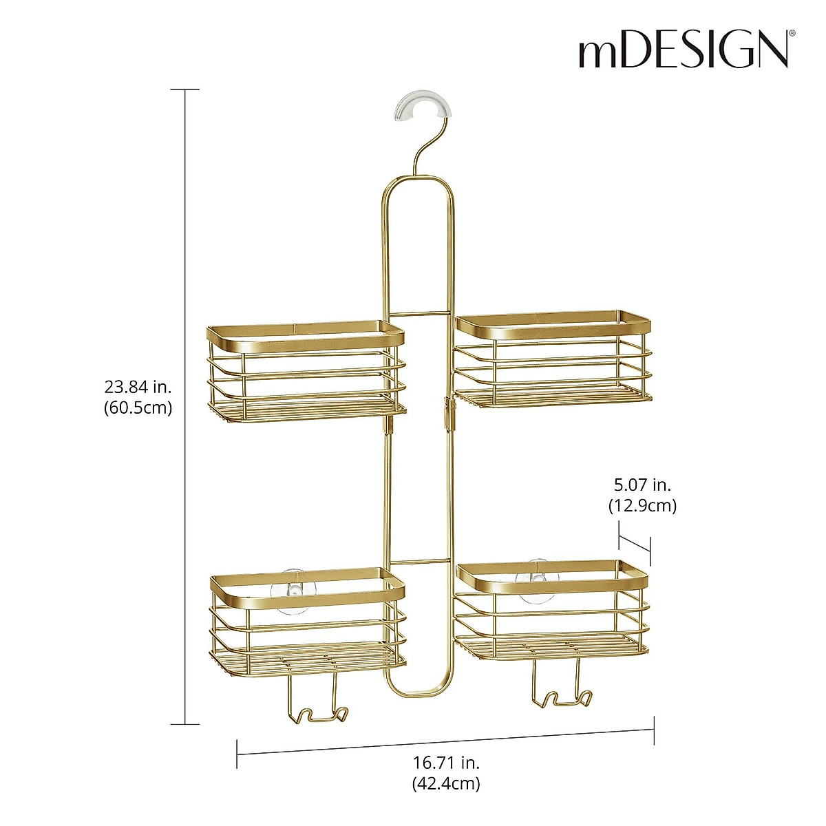 mDesign Metal Steel Hanging Shower Caddy, 4 Basket Organizer Rack for Bathroom; Hold Handheld Shower Head, Hose, Shampoo, Conditioner, Shaving Cream, Soap, Loofah - Carson Collection - Soft Brass