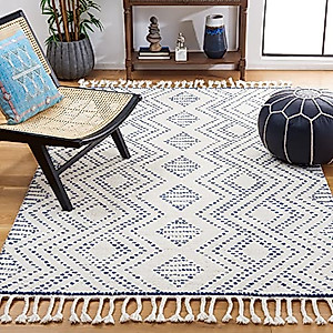 SAFAVIEH Natura Collection Accent Rug - 4' x 6', Ivory & Blue, Handmade Moroccan Boho Farmhouse Tribal Braided Tassel Wool, Ideal for High Traffic Areas in Entryway, Living Room, Bedroom (NAT184M)