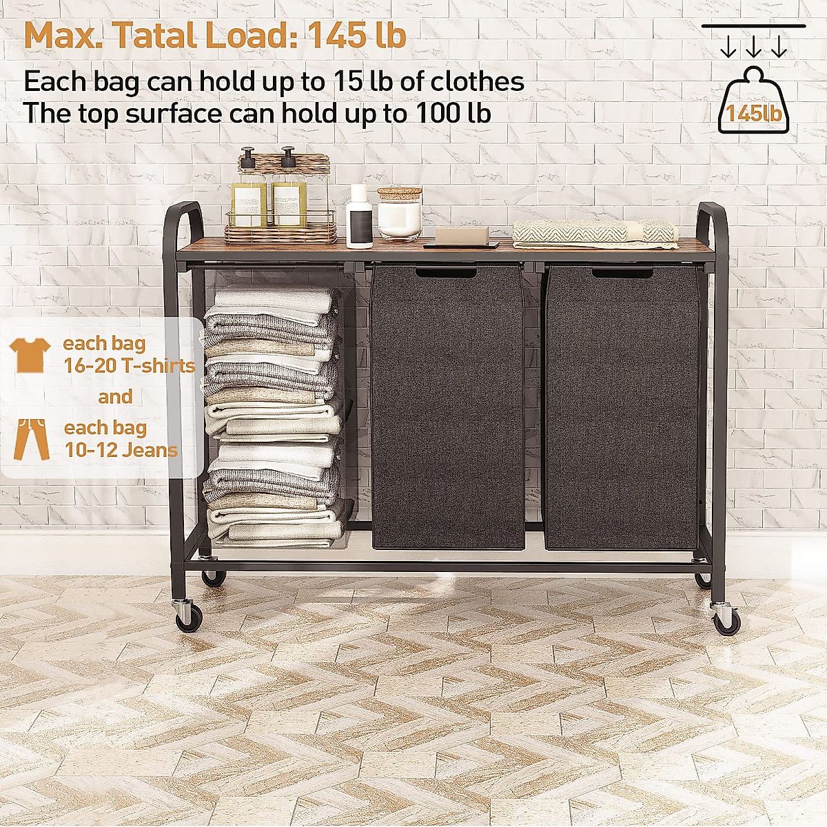 ALOFA Laundry-Hamper Basket with Shelf, Laundry Room Organization 3x46L Pull Out and Removable Bags with Letter Stickers, Metal Frame Made Laundry Sorter Classified Storage Black