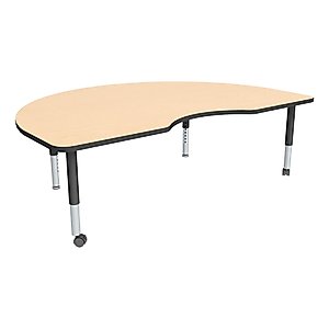 Sprogs Adjustable Height Mobile Classroom Activity Table for Preschools, Kidney Preschool Activity Table with Casters, 48" L x 72" W x 23" H, Maple/Black