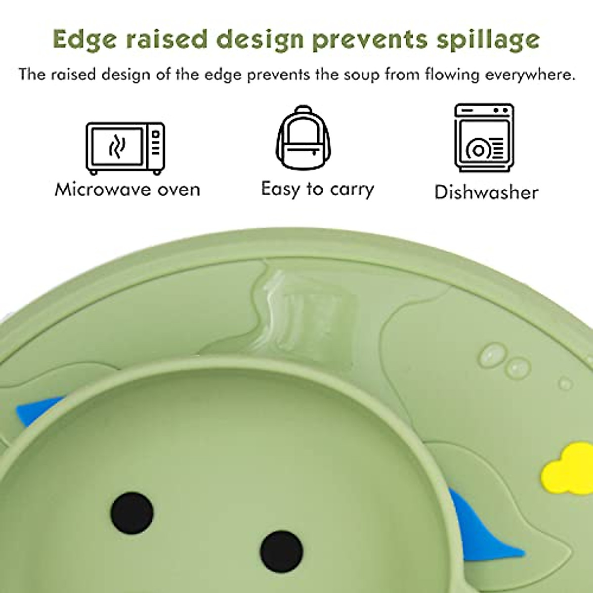 Baby Divided Plate Placemat Silicone- Portable Non Slip Child Feeding Suction Plate for Children Babies and Kids BPA Free Baby Dinner Plate Microwave Dishwasher Safe (Endive)