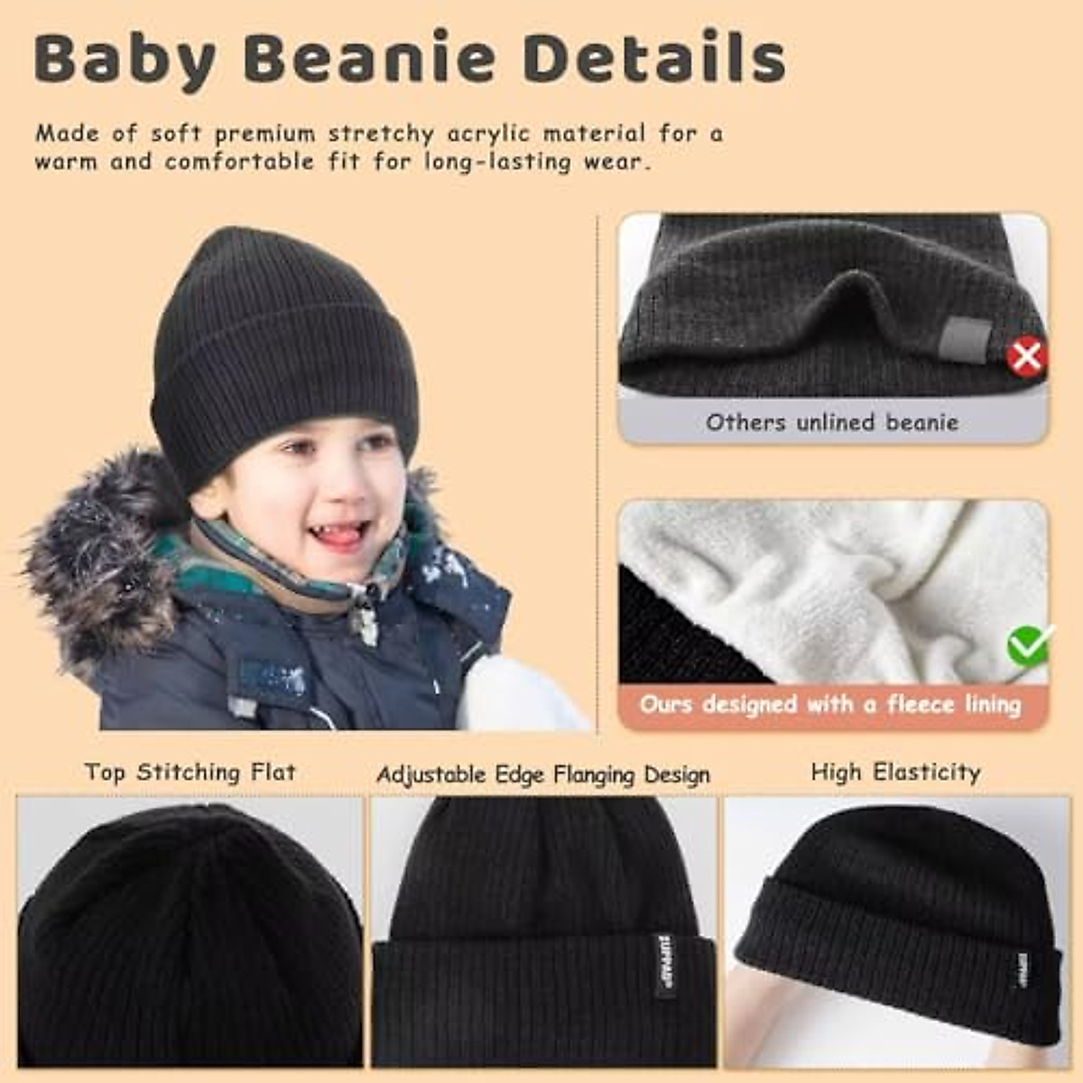 Baby Beanie Mittens Scarf Set Girls Boys, Toddler Winter Hat and Gloves Neck Warmer Set Knit Warm with Fleece Lining, Kids Cold Weather Accessories Sets for Children Infant(Black,6-36 Months)
