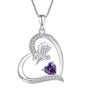 FJ Heart Butterfly Necklace for Women 925 Sterling Silver Amethyst Necklace February Birthstone Pendant Jewelry Gifts for Wife Girlfriend Mom Daughter