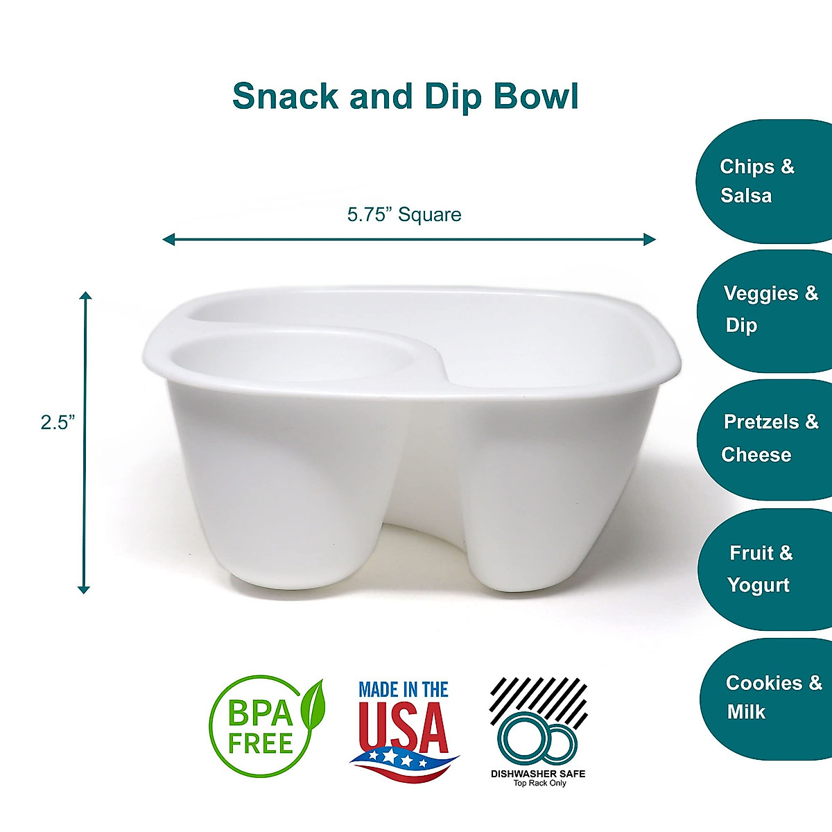 Rolling Sands Reusable Snack and Dip Bowls, 10 Pk, USA Made, Dishwasher and Microwave Safe, Personal Size, BPA-Free, Two Compartments to Hold Dips, Snacks and Treats, White