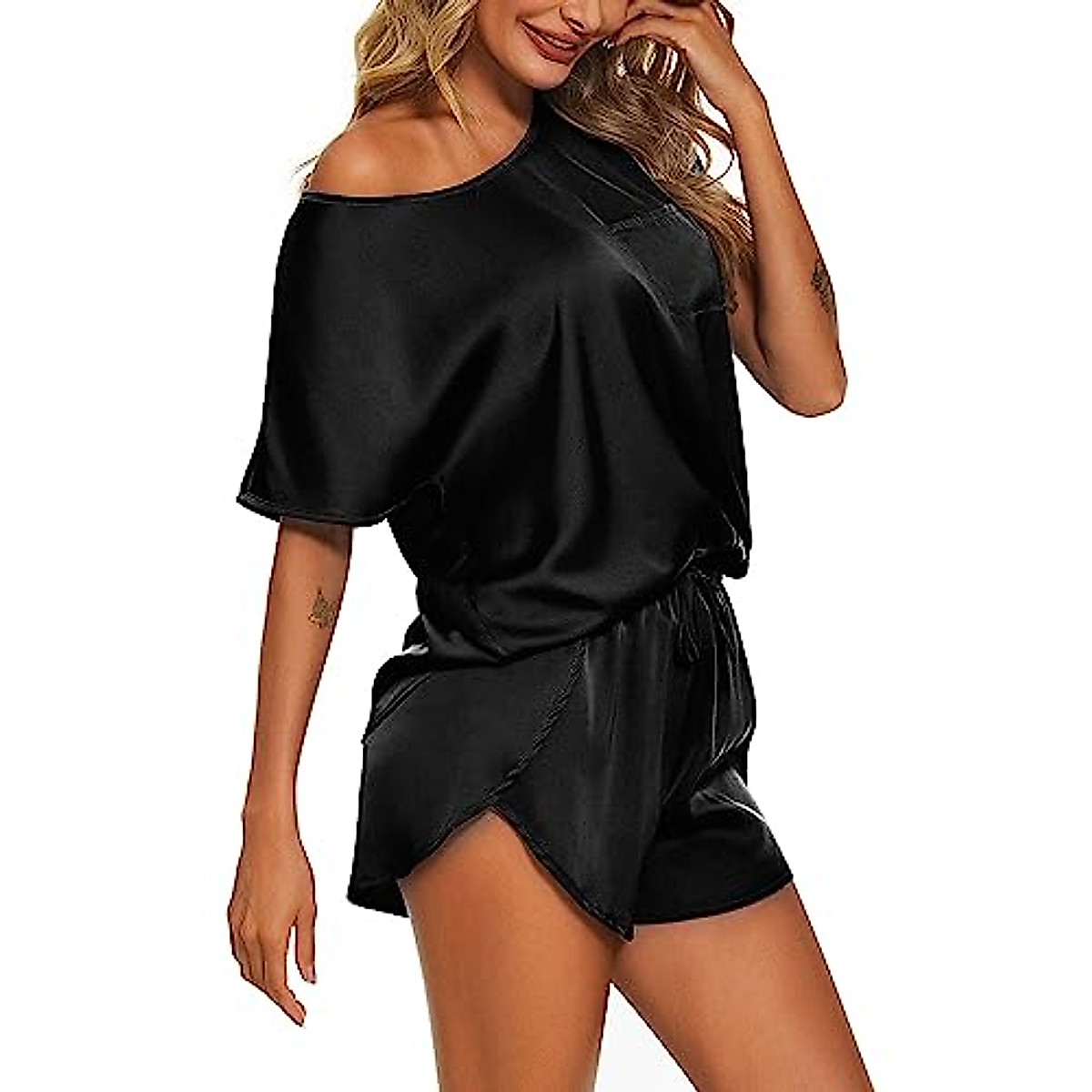Ekouaer Short Pajamas for Women Silky Sleepwear Set Shorts Satin Nightwear Pyjamas Black M