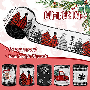 AnyDesign 30 Yards Christmas Wired Edge Ribbon 2.5 Inch Black White Buffalo Plaids Fabric Ribbon Xmas Tree Santa Snowflake Craft Ribbon for Holiday Wrapping DIY Making Bow Wreath