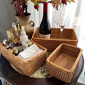 YANGQIHOME Natural Rattan Storage Baskets, Rectangular Woven Fruit Baskets, Wicker Decoration and Organizer for Bathroom, Living Room (Set of 3)