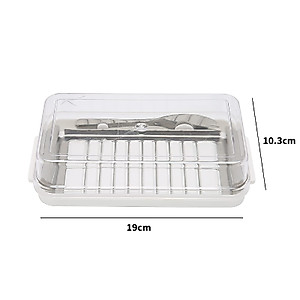 Butter Cutter Container, Stainless Steel Metal Saucer with Unbreakable Clear Plastic Lid Covered Butter Keeper Container with Knife for Kitchen(#1)