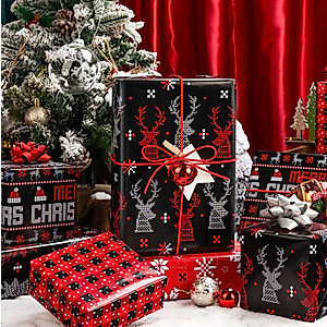Merture Red and Black Christmas Wrapping Paper Set, Pixel Christmas Gift Paper Jumbo Roll with Reindeer, Snowflake, Christmas Text, Santa Hat, Buffalo Plaid - 4 Rolls - 30 In x 10 Ft per Roll