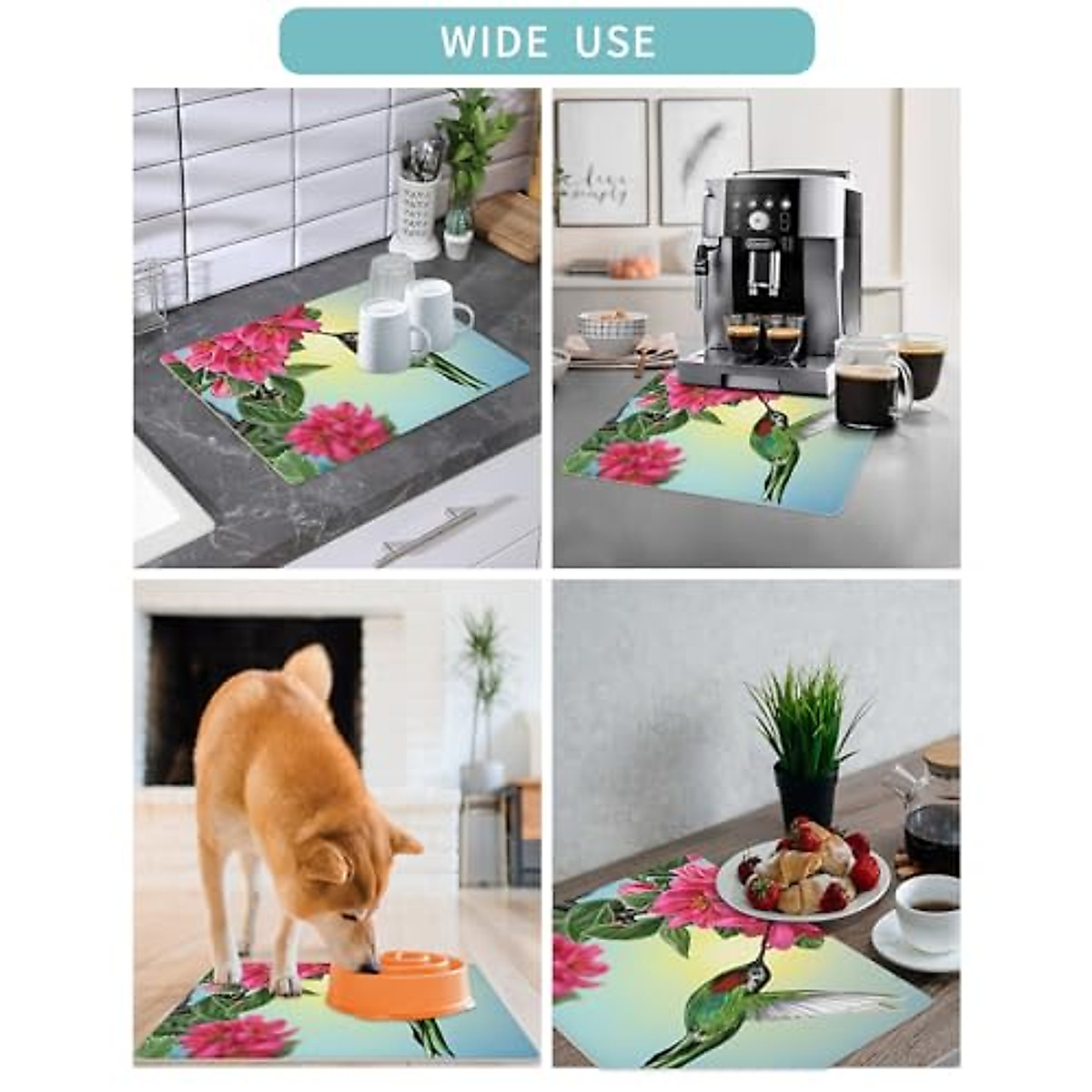 Spring Flowers and Hummingbird Coffee Mat Coffee Maker Mat,Super Absorbent Coffee Bar Accessories,Watercolor Pink Blossom Floral Non-slip Coffee Station Mat Dish Drying Pad,18x28in