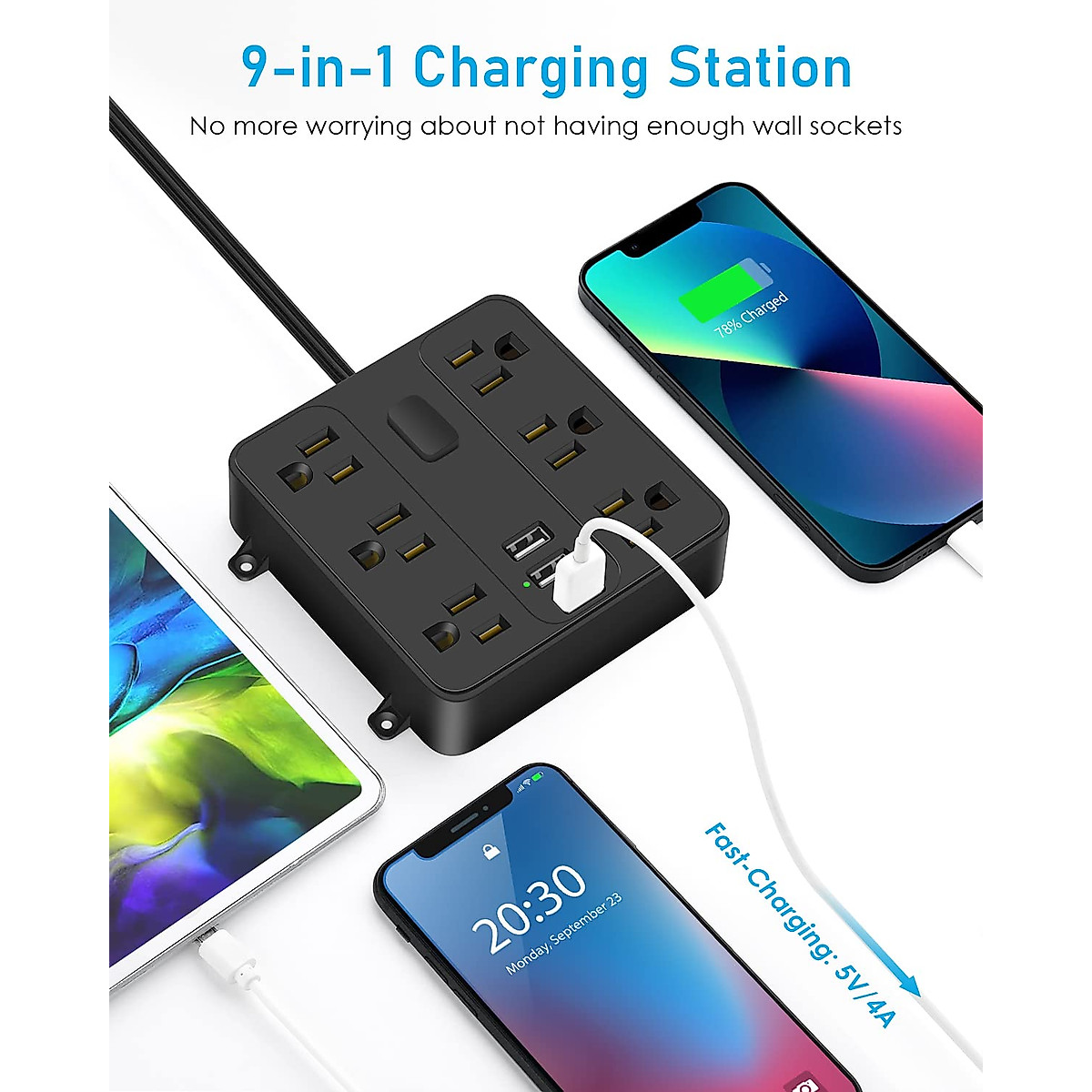 Flat Plug Power Strip, HEZI 6ft Flat Extension Cord, Surge Protector with 3 USB Ports & 6 Outlets Extender Slim Wall Mount Charging Station for Home Office Desk Black, with Plug