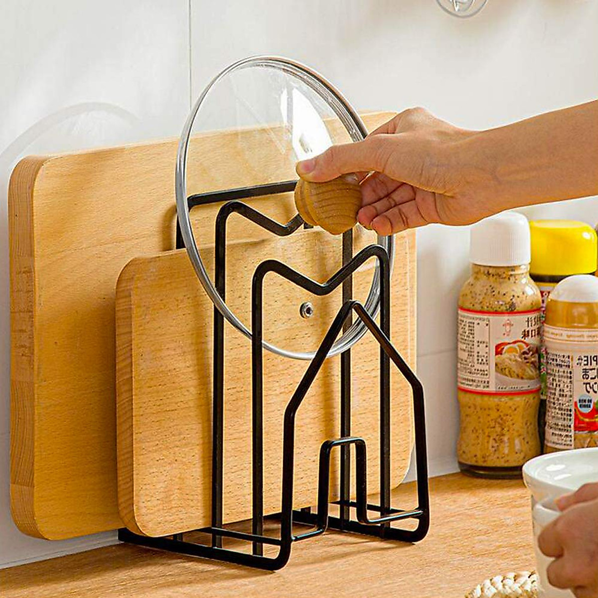 Kitchen Bakeware Pot Lid Rack Holder, 4 Slots Multifunctional Kitchen Organizer Metal Storage Shelf for Cookware, Chopping Cutting Board, Counter Cabinet, Plates, Dishes