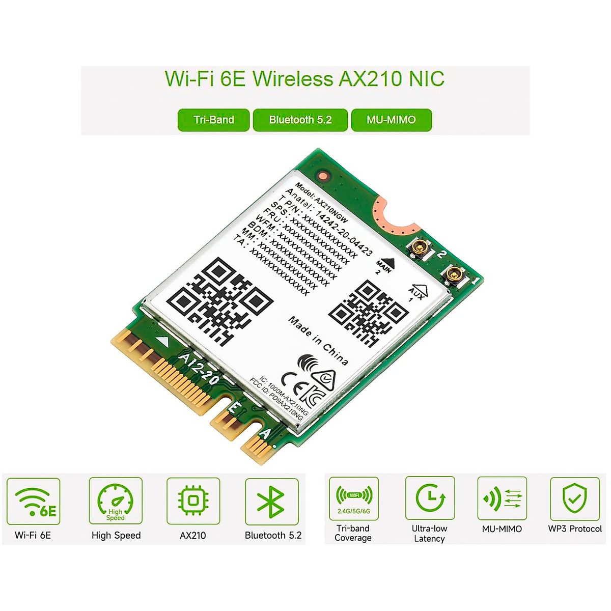 WiFi 6E AX210 NGW Wireless AX210 WiFi Card, AX210 NIC Wireless Module, Gigabit 2.4G/5G/6GHz Tri Band Wi-Fi 6E, 802.11AX Standard, Bluetooth 5.2,MU-MIMO, Support Linux, Windows 10/8.1/8/7, etc.