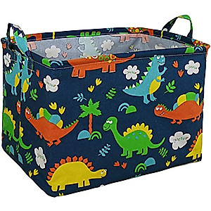 ACMUUNI REC Canvas Clothes Basket Laundry Hamper with Handles Waterproof Cotton Storage Organizer Perfect for Kids Boys Girls Toys Nursery Gift Basket (REC blue dinosaur)
