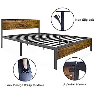 Weehom Queen Size Bed Frame with Wood Headboard Solid Wood Beds for Adults Strong Metal Slats Support Beds No Box Spring Needed Lock Design Brown