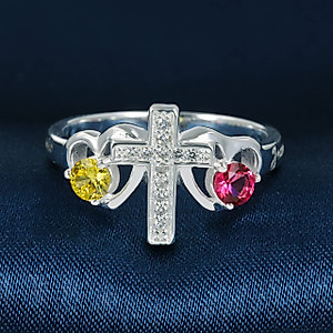 SHAREMORE Birthstone Rings for Women Personalized Cross Ring for Mom with 2 Birthstone Purity Mothers Cross Name Rings Promise Rings Name Rings Mothers Day Rings