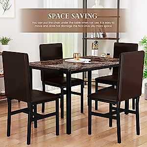 Lamerge 5 Piece Dining Table Set for 4,Faux Marble Kitchen Table and Chairs for 4, Dining Room Table Set with PU Leather Chairs,Small Dining Set for Small Spaces,Living Room, Brown