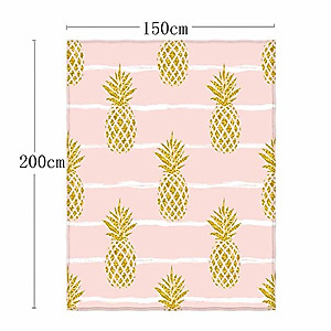 kasme 58 x 80 Inch Seamless Summer Gold Pineapple On Striped Background Soft Throw Blanket for Bed Couch Sofa Lightweight Travelling Camping Throw Size for Kids Boys Women All Season…