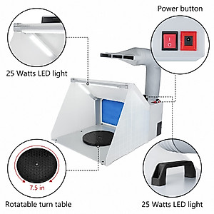 Portable Airbrush Paint Booth with Ventilation System and LED Light, 360°Turntable, Filter, Extension Hose. Airbrush Ventilation Paint Booth for Manual Hobby, DIY Painting, Hobby Handicraft
