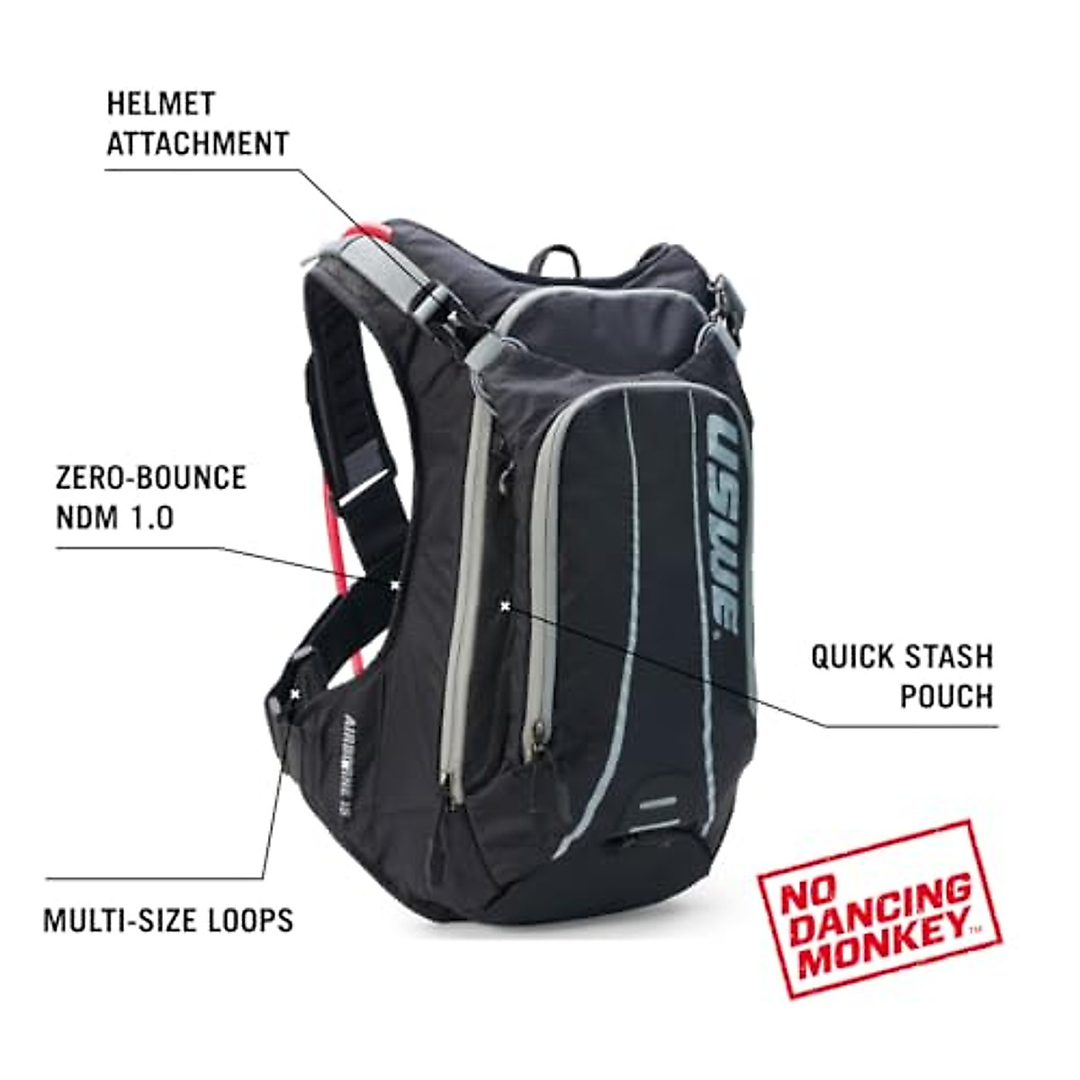 USWE Airborne - Hydration Pack with Hydration Bladder, Bounce Free Backpack for MTB, Cycling, Mountain Biking (15L, Black/Gray)