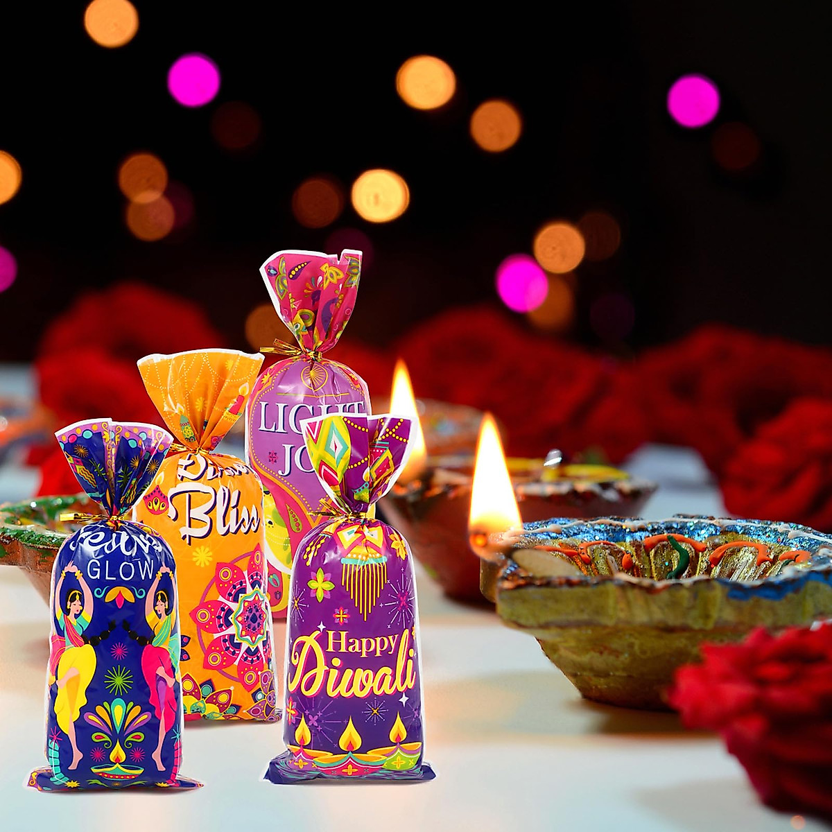 Konsait Happy Diwali Gift Bags, 100 Pack Cellophane Treat Bags with Ties Cookie Bags for Packaging Diwali Gift Bag 4 Designed Candy Bags for Indian Diwali Festival Party Favors