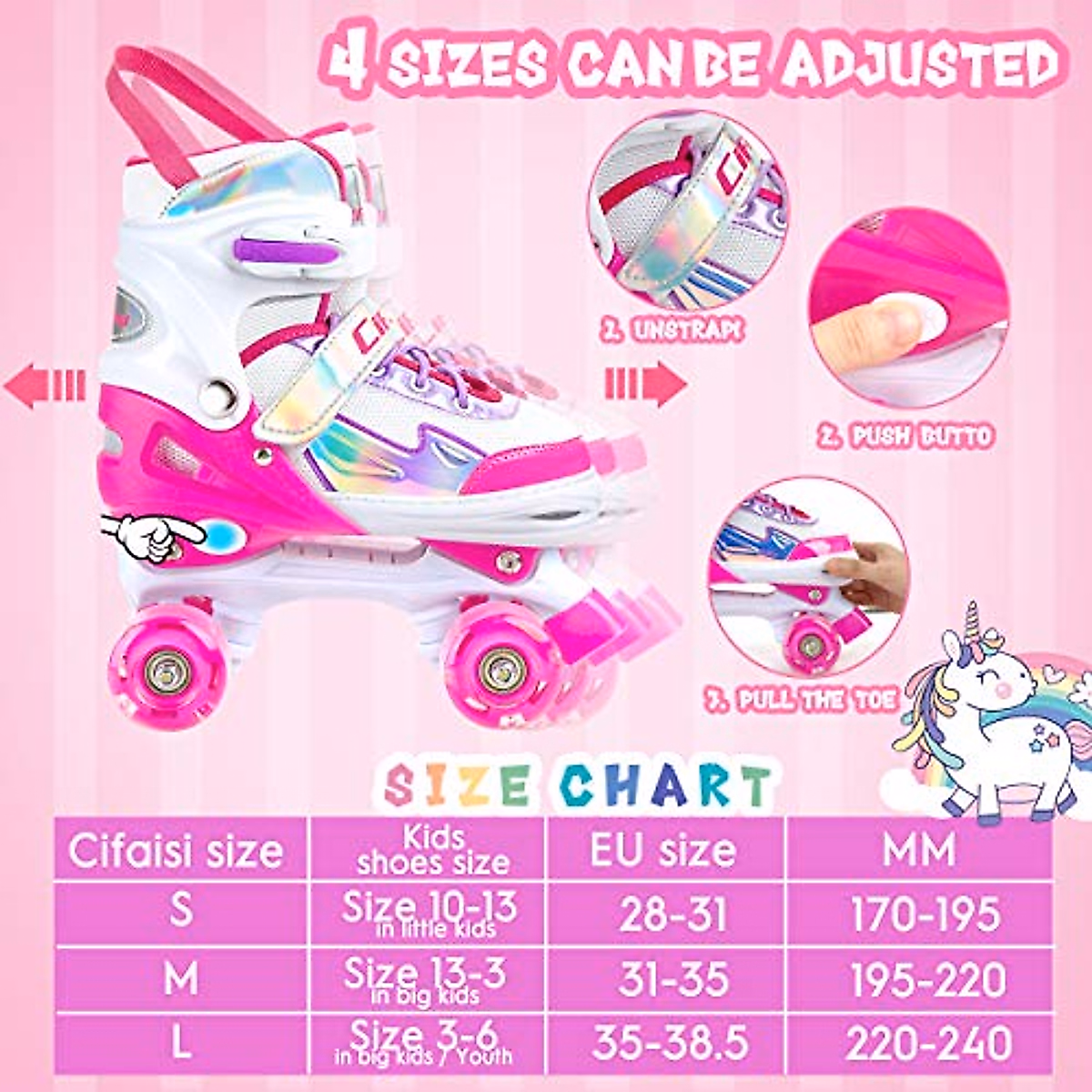 Roller Skates for Girls Boys Kids, Black Pink Purple 4 Sizes Adjustable Kids Roller Skates with Light up Wheels and Shining Upper Design, Roller Skates for Toddler Kids Ages 4-13