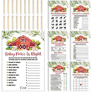 150 Pcs Watercolor Farm Animals Baby Shower Games Set 6 Games with 20 Pieces Pencils for Baby Shower Games Activities Include Baby Descriptions, Guess Who, Baby Price, Bingo Game, Word Scramble Game
