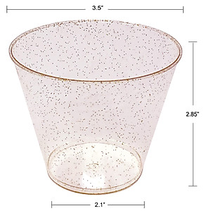 JL Prime 100 Rose Gold Glitter Plastic Cups - 9 Oz Reusable and Recyclable - Elegant Rose Gold Glitter Tumblers for Weddings, Anniversaries, Showers, Parties - Small Drinking Cups