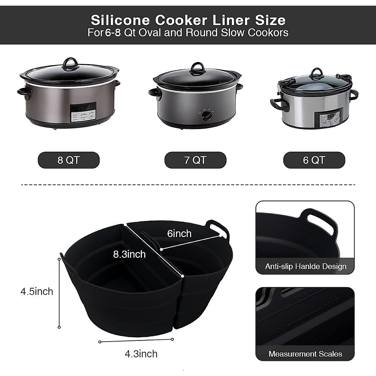 ChefAid Slow Cooker Divider Liners with Handle, 100% Silicone Reusable Slow Cooker Liners Compatible with 6-8 Quart Oval or Round Slow Cooker, Fits 7 Quart Crockpot Liners (Black, 2 Pack)