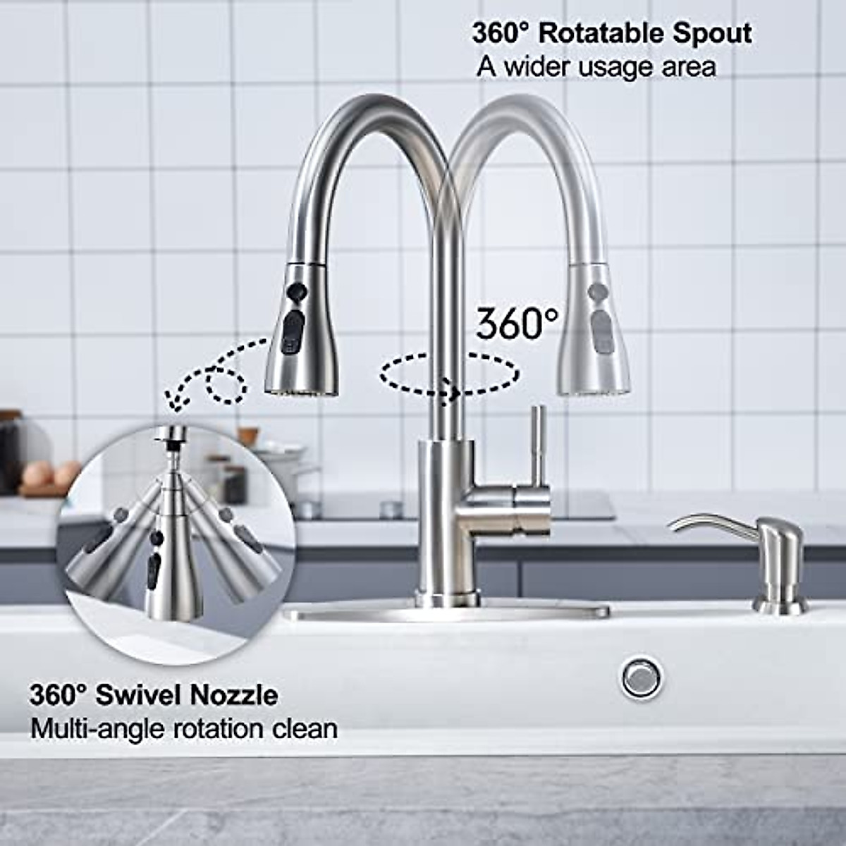Brushed Nickel Pull Down Kitchen Faucet with Soap Dispenser - High Arc 3-Function Kitchen Sink Faucet with Pull Down Sprayer, Stainless Steel Pull Out Kitchen Faucet Single Hole Single Handle