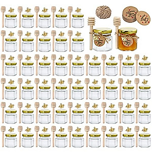 Yephets 48Pcs Honey Jars,Premium 1.5 oz Hexagon Mini Glass Jar with Wood Dipper Gold Lid Bee Pendant Jute Rope Small Containers Bottles for Jam Candies Baby Shower Wedding Party Favors