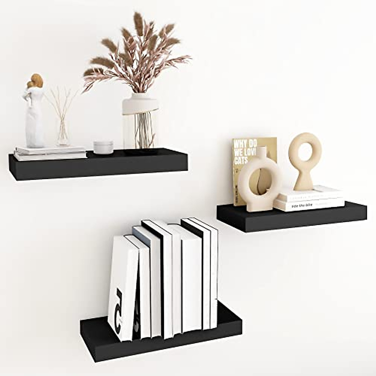 JENGRYOE Floating Shelf,Wall Shelf,Decor Wall Mounted Shelves,Hanging Shelf,for Bathroom Bedroom Kitchen Wall Decor,Black Shelves with Invisible Brackets Set of 3