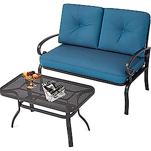 Oakcloud Outdoor 2 Pcs Patio Loveseat Bench Metal Frame Furniture Set with Thick Cushions and Coffee Table, Wrought Iron Look (Peacock Blue)
