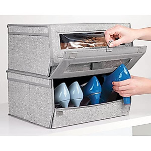 mDesign Large Fabric Closet Shoe Storage Box w/Clear Window - Shoe, Sandal, Sweater, Linen, Clothes Organizer - Boot Storage Solutions - Shoe Bin - Lido Collection, 2 Pack, Gray