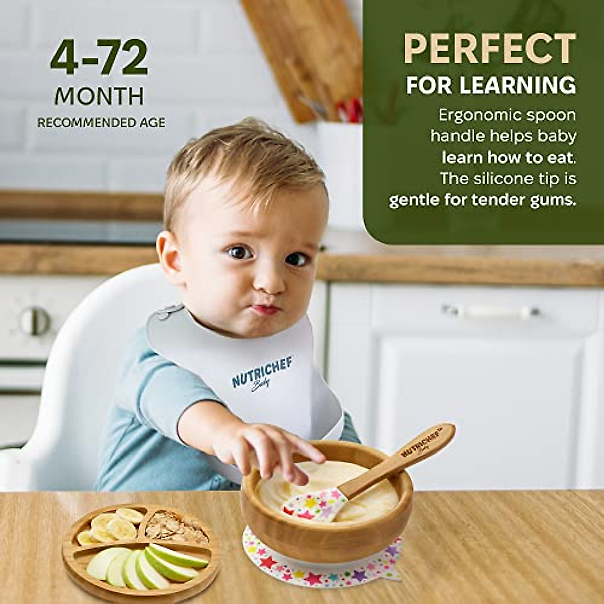 Nutrichef Baby and Toddler, 3 Compartment Plate, Bowl, and Spoon Feeding Set- Silicon Suction, Non-Toxic All Natural Bamboo Baby Food Plate with Silicon Bib