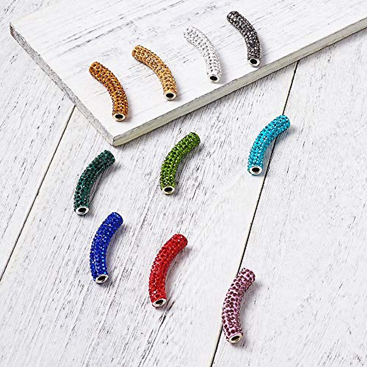 Craftdady 10pcs Mixed Colors Rhinestone Curved Noodle Tube Beads 45-46.5mm Large Hole Long Tube Metal Spacer Beads for Jewelry Making Hole: 4mm