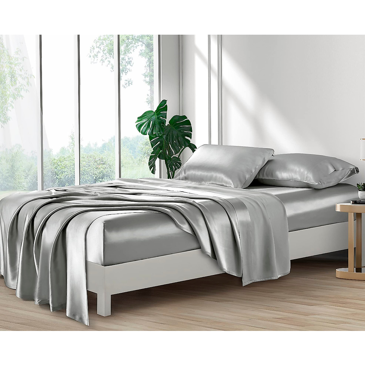 Lanest Housing Silk Satin Sheets, Queen Size Satin Bed Sheet Set with Deep Pockets, Cooling Soft and Hypoallergenic Satin Sheets Queen - Light Gray