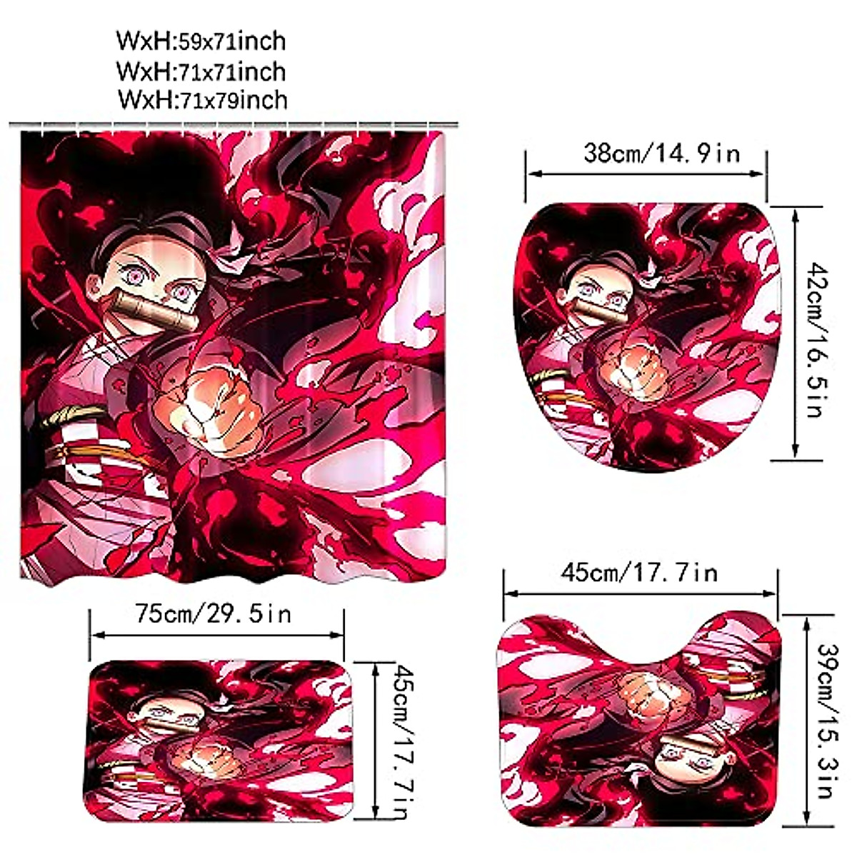 daweitianlong 4 Piece Anime Shower Curtain Set with Non-Slip Rug, Thickened Toilet Lid Cover and Bath Mat,Waterproof Anime Shower Curtain Sets for Bathroom With12 Hooks 59x71 inch, 14