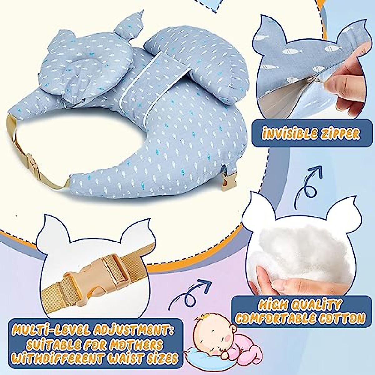 Geelin Nursing Pillow Soft Nursing Pads Set Include Breastfeeding Pillows with Adjustable Waist Strap 4 Pieces Breast Pads Reusable Postpartum Essentials for Baby Breastfeeding, Gray and White
