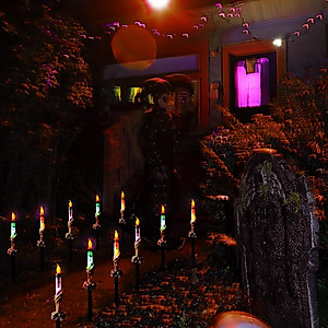 Halloween Solar Candle Light Stakes, 6 Pcs Skeleton Hands Hold Lighted Candle Paito Decor Pathway Makers, Waterproof Light Up Figurine for Outdoor Indoor Halloween Party Decorations