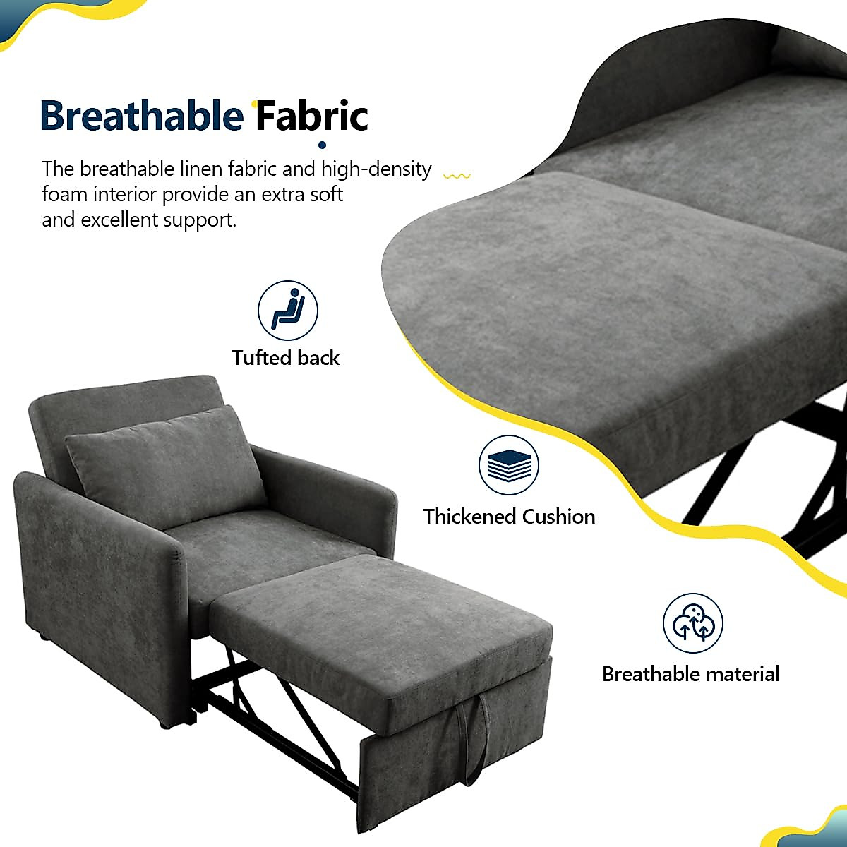 Mlxgoie Convertible Sofa Bed Chair, 3-in-1 Multi-Functional Sleeper Single Futon Chair Bed with Modern Linen Fabric & Tufted Pillow for Compact Living Room, Apartment, Dorm - Grey